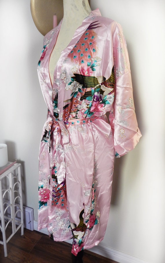 Asian Pink Silk Satin Floral Peacock Kimono Satin R… Gem