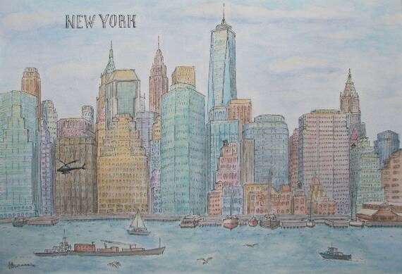 Downtown of Manhattan New York City Original Watercolor 12 X | Etsy