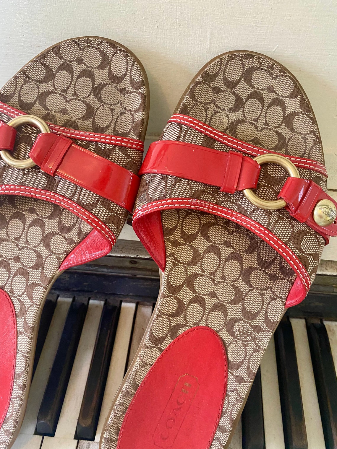 Vintage COACH Red Leather Slip On Sandals Size 9 | Etsy