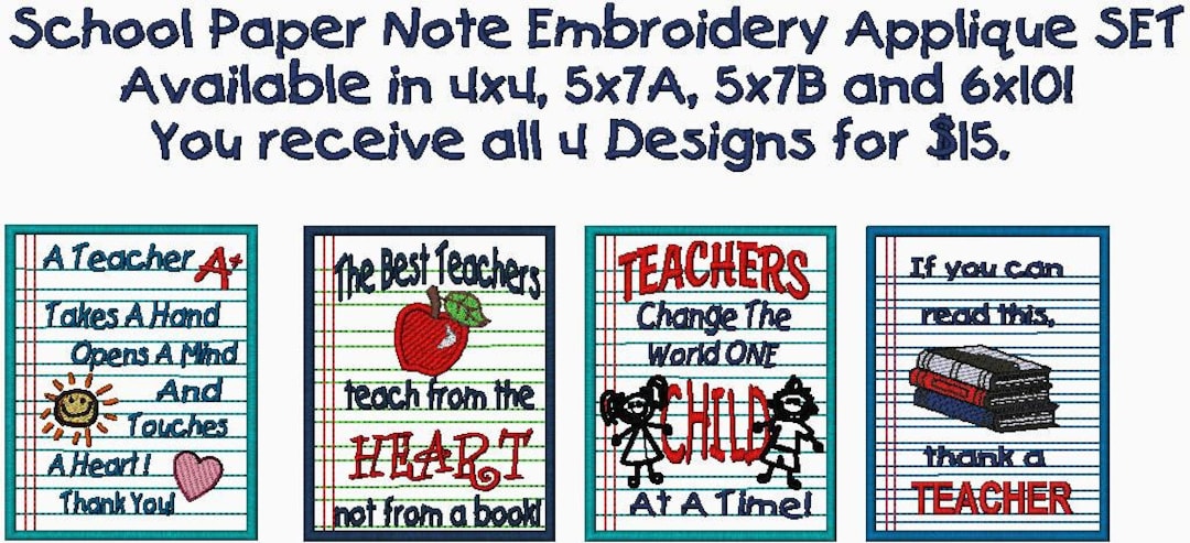 Teacher Note Paper SET OF 4 Embroidery Applique Collection Set - Etsy
