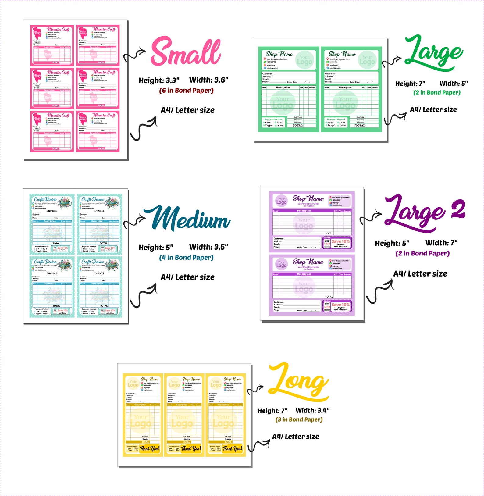Bundle of 5 Sizes Personalized Receipt/ Editable & Printable PDF ...