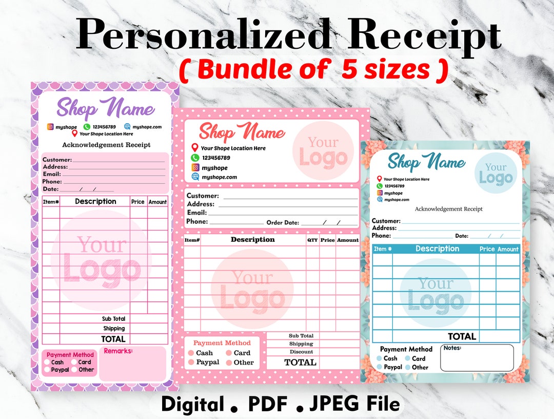 Bundle of 5 Sizes Personalized Receipt/ Editable & Printable PDF ...