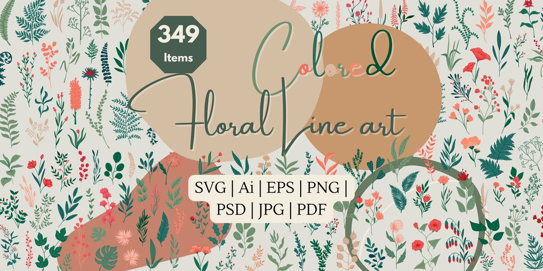 Colored Floral Line Art, Bouquet Bundle, Decorative Elements, Botanical ...