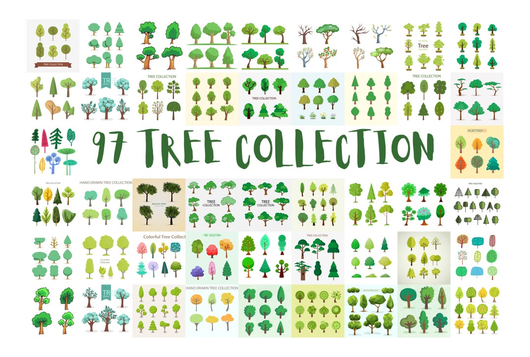 97 Tree Collection Clipart, Green Pink Color Tree Illustration ...