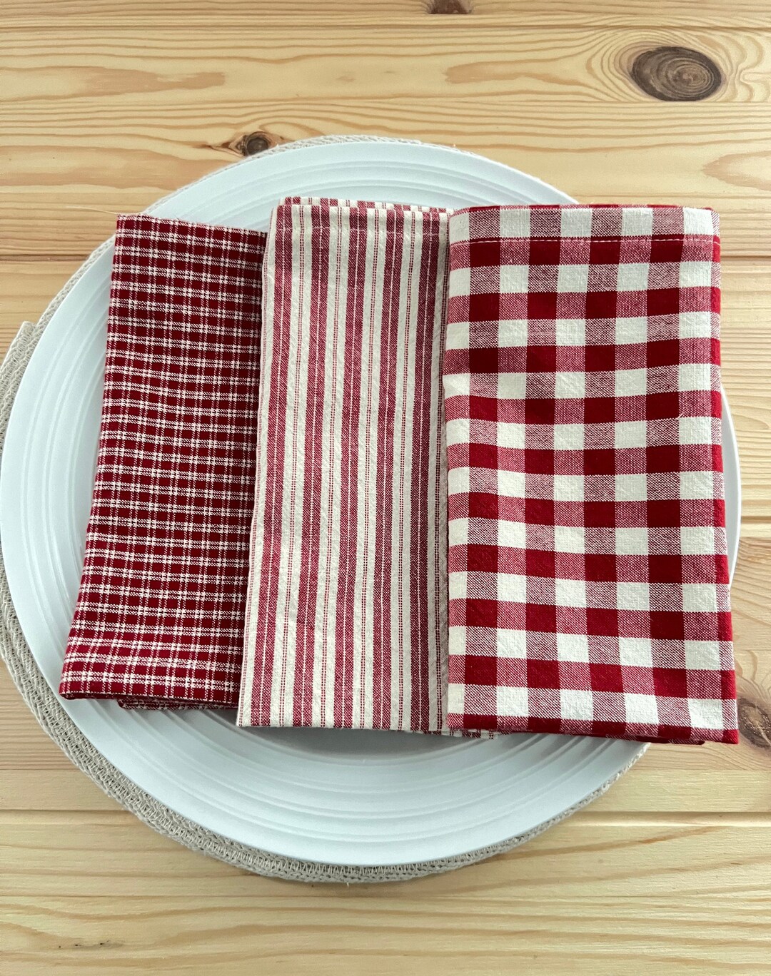 Set of 4 Napkins, Red Homespun Fabric Napkins, Farmhouse Themed Napkins ...