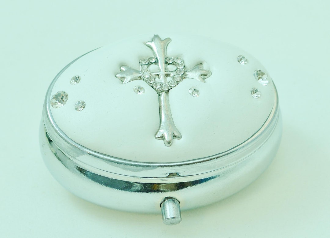 White Draped Cross Jeweled Pill Box - Etsy