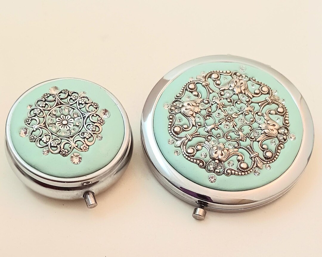 Soft Green Jeweled Compact Mirror and Pill Box Set - Etsy