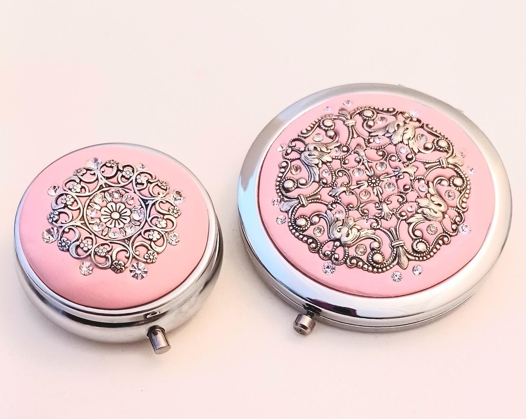 Soft Pink Jeweled Compact Mirror and Pill Box Set - Etsy