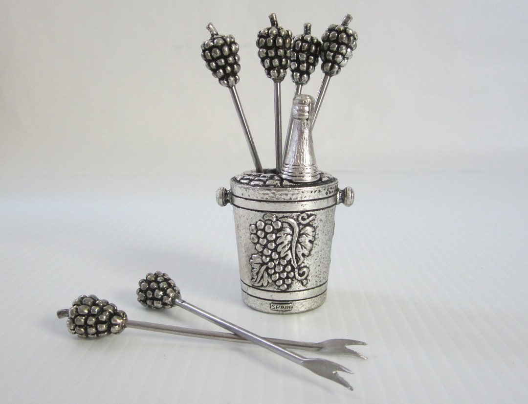 Vintage Spanish Pewter Cocktail Picks With Grapevine Bucket Stand - Etsy