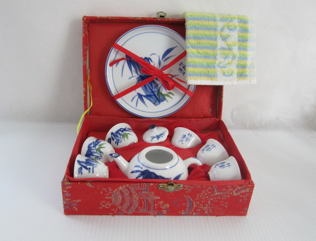 10-pc Miniature Chinese Tea Set in Red Brocade Box • Vintage Blue ...