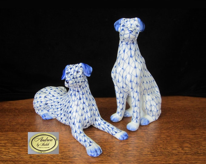 2-pc Andrea by Sadek Porcelain Dog Figurines, Blue & White Herend-style ...