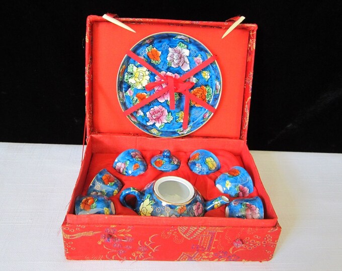 Miniature Chinese Tea Set in Brocade Box Vintage Blue Set With - Etsy