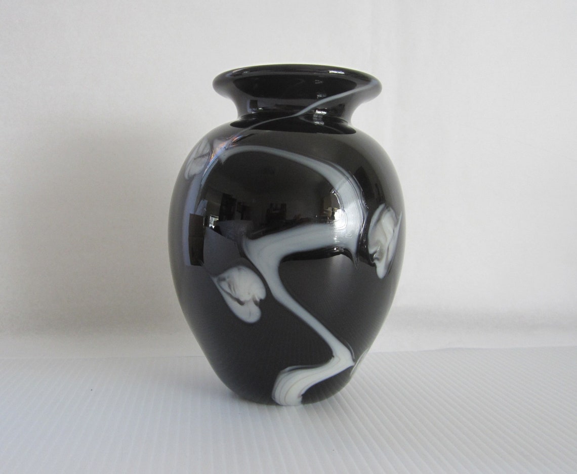 David Mauk Art Glass Vase • 1985 Vintage Black & White Rose Bowl - Etsy