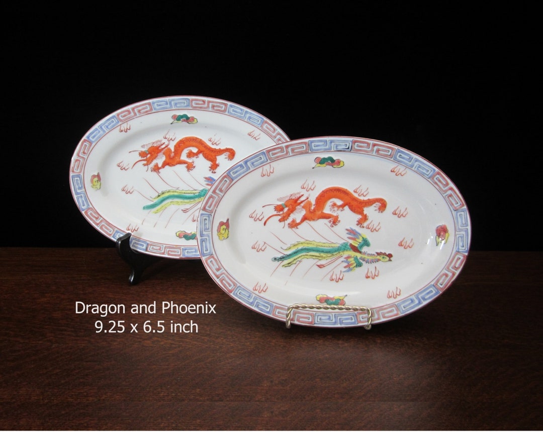 Vintage Chinese Dragon Phoenix Porcelain Plate (set of 2): Hand-painted ...