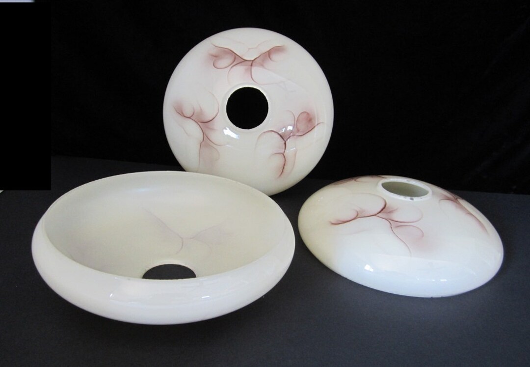 3-pc Vintage Art Deco Glass Light Shades • Beige & Brown Marbled Domed ...