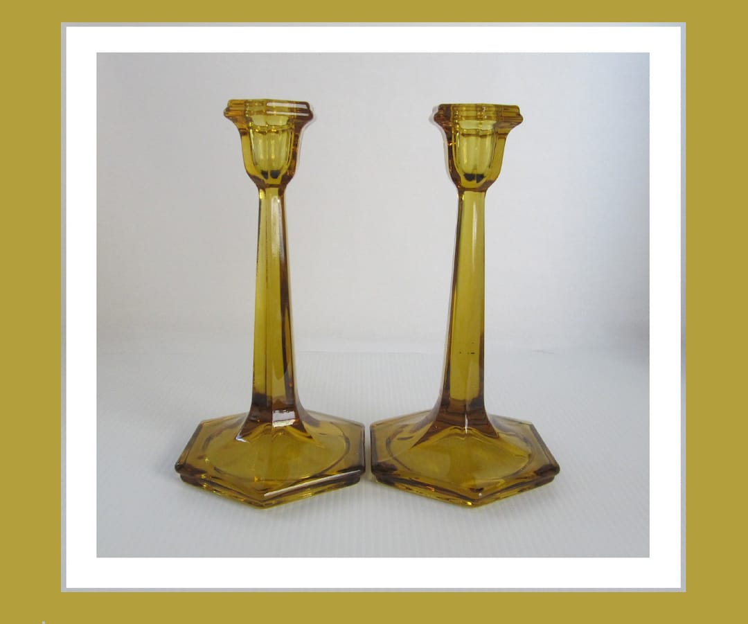 9" Pair Hexagonal Candlestick Amber Glass by Paden City, New ...