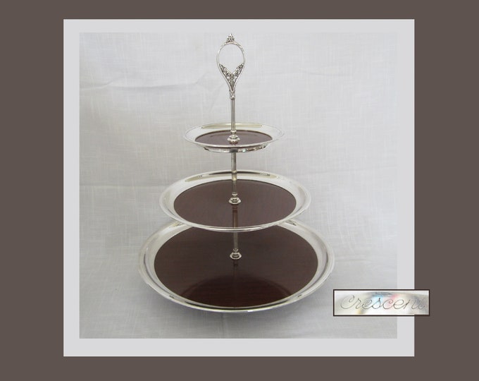 3-tiered Center Handle Serving Tray Silverplated Rim & Brown Faux Wood ...