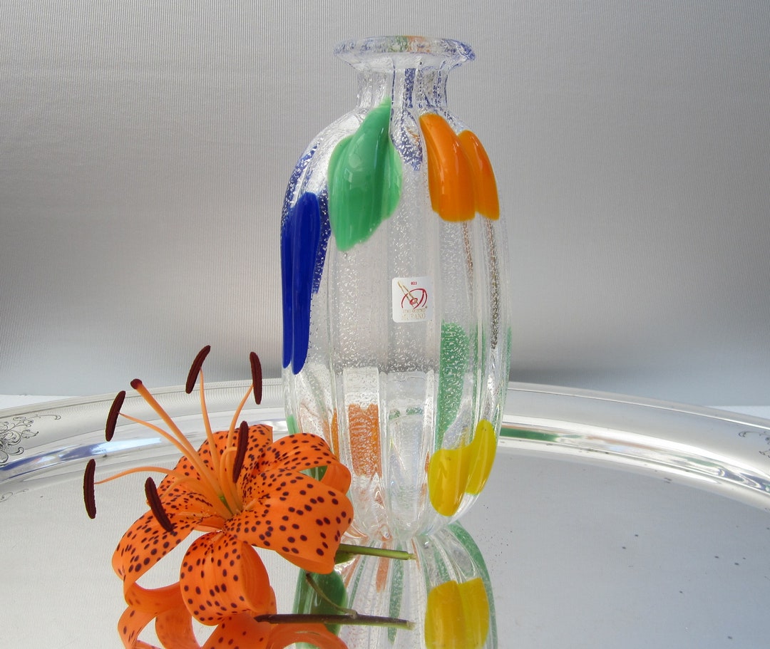 Vintage Gambaro Murano Art Glass Vase • Silver Leaf, Colorful Accents ...