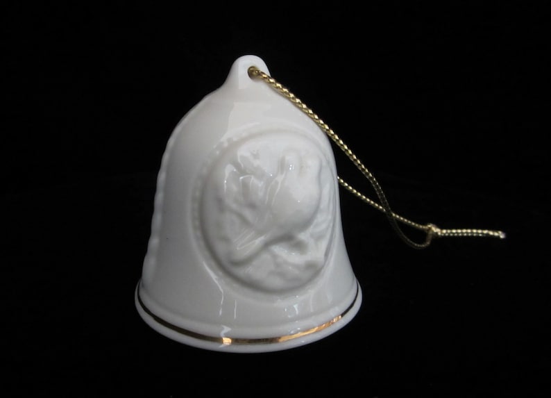 Irish Belleek Christmas Bell Ornament, Two Turtle Doves, 1990 Gold Trim ...
