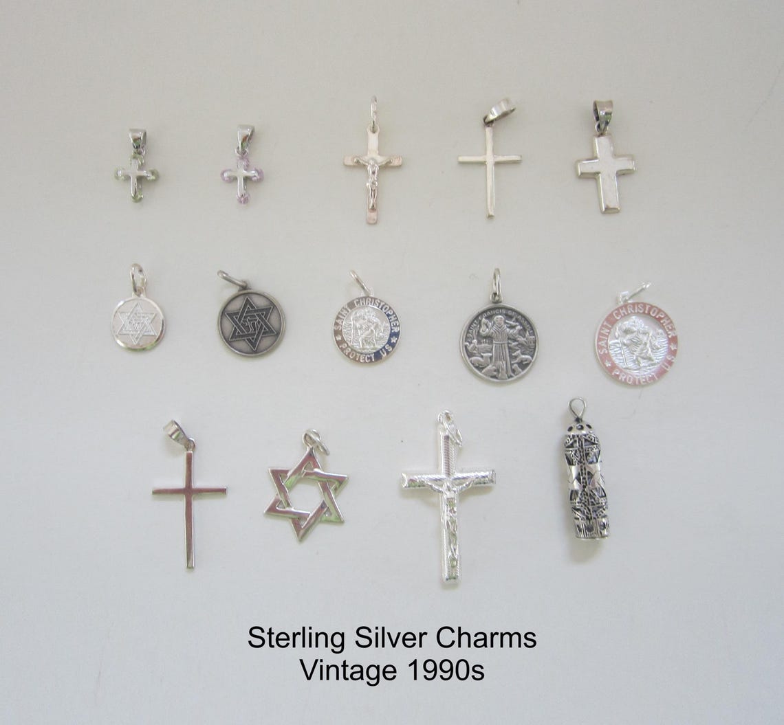 Vintage Sterling Silver Religious Charms: Cross, Star of David, Saints ...