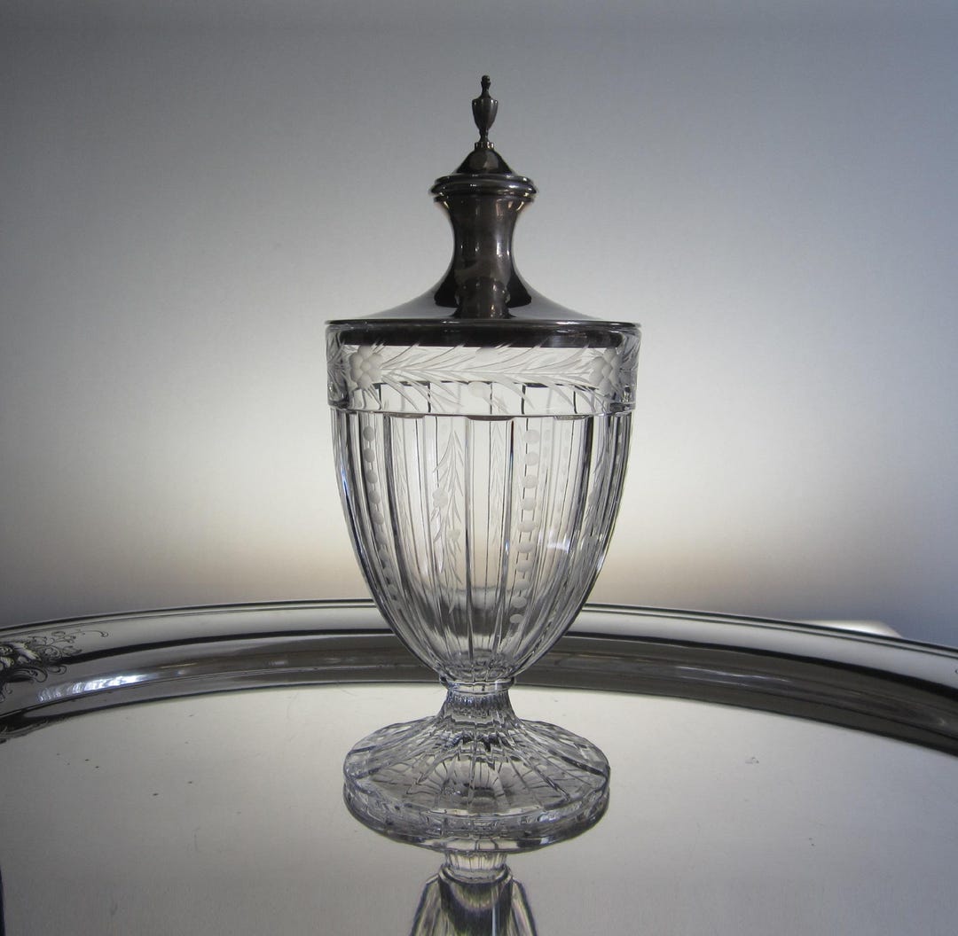 10" Antique Heisey 465 Recessed Panel Candy Jar and RWM Sterling Silver ...