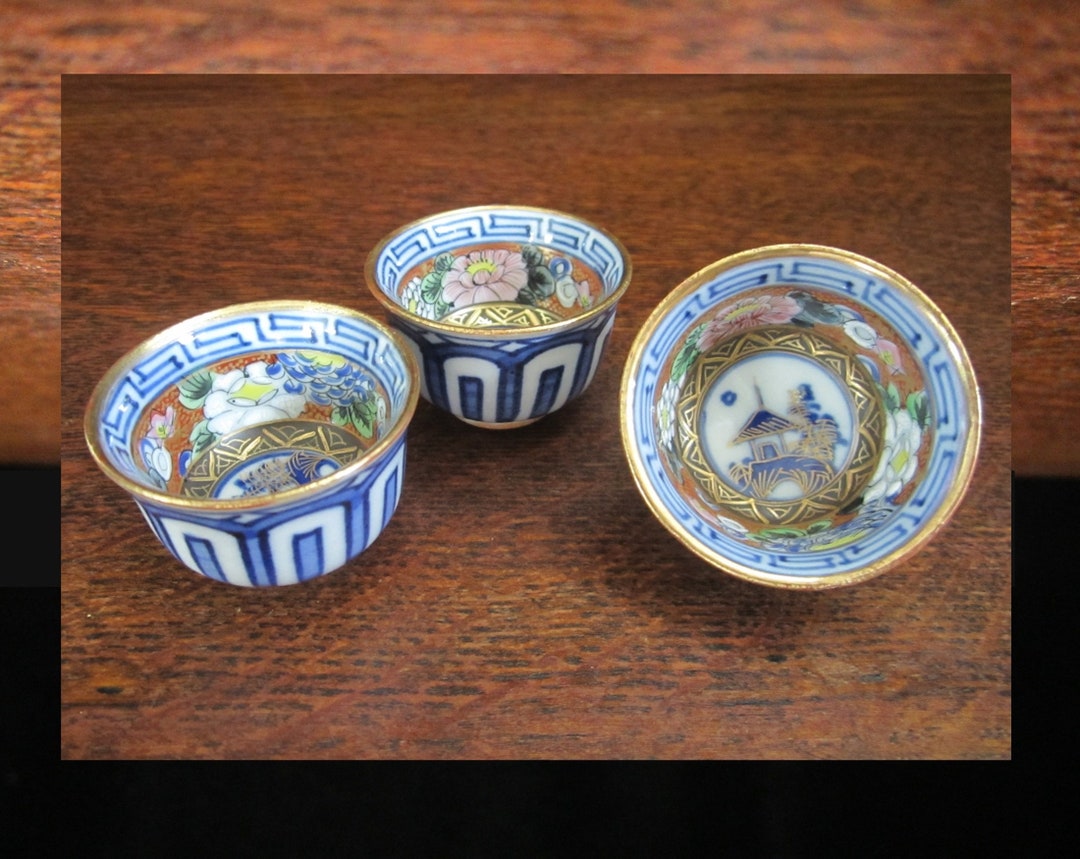 3-pc Japanese Kutani Ware Sake Cup Porcelain Hand Painted Pagoda ...