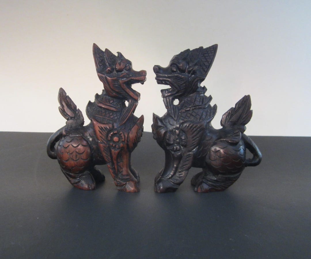 Pair 5" Hand Carved Wooden Foo Lion Burmese Chinthe Figurines • Vintage ...