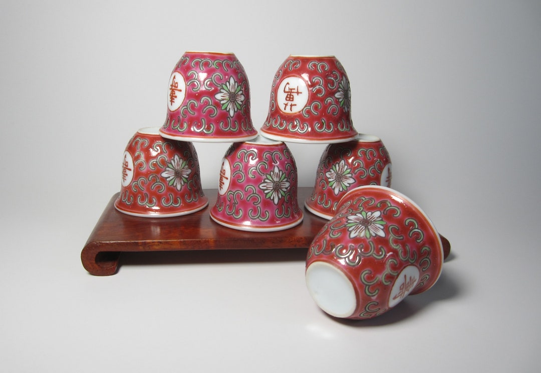 6-pc Chinese Handpainted Mun Shòu Longevity Mini Tea or Wine Cups ...