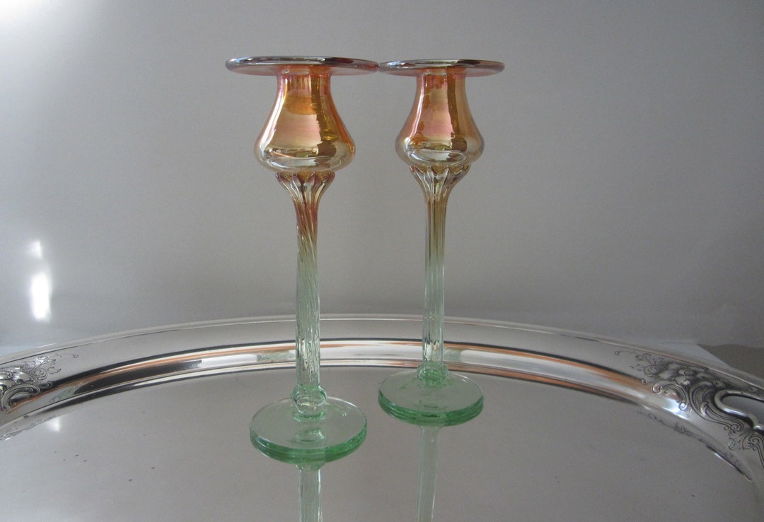 Vintage Rick Strini Art Glass Candlestick Set: Iridescent Marigold ...