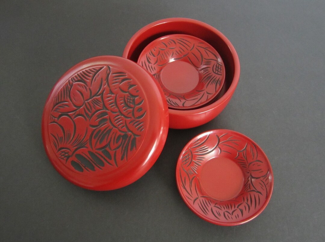 6" Japanese Lacquer Covered Box & Coasters Vermilion Red • Murakami ...