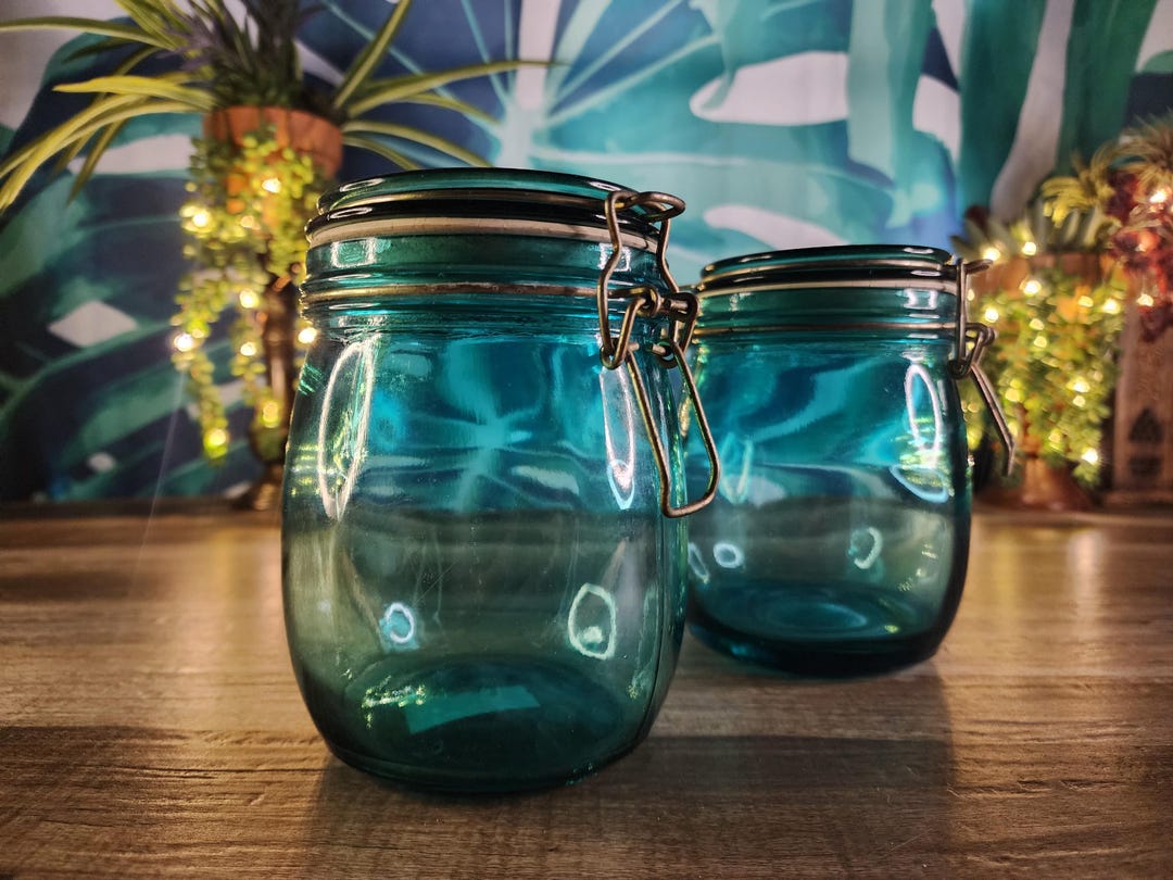 Wire Bale Canisters, Teal Glass Canisters, Blueish Green Glass Hinged ...