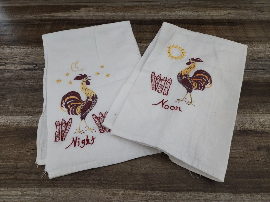 Rooster Tea Towels, Noon and Night Rooster Kitchen Towels, Chicken Dish ...