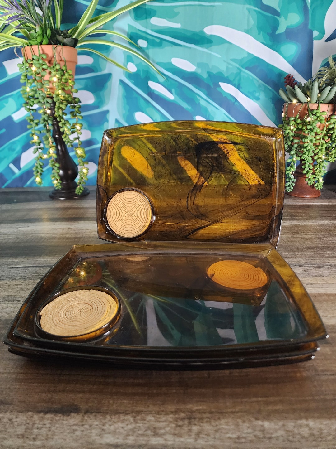 Tortoise Shell Lucite Party Trays W/coasters, Set of 4 Vintage Faux ...