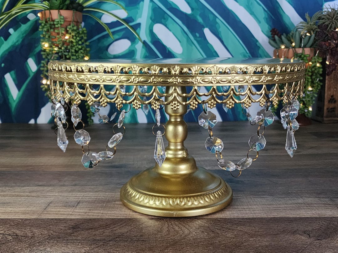 Gold Cake Stand, Gold Metal W/acrylic Crystals Cake Stand, 12 In ...