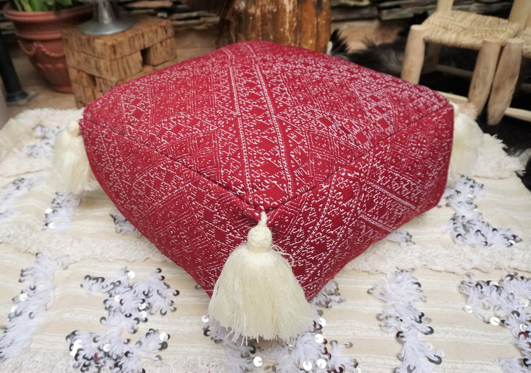 Vintage Moroccan Ottoman Pouf: 50 Year Old Tassel Floor Pillow ...
