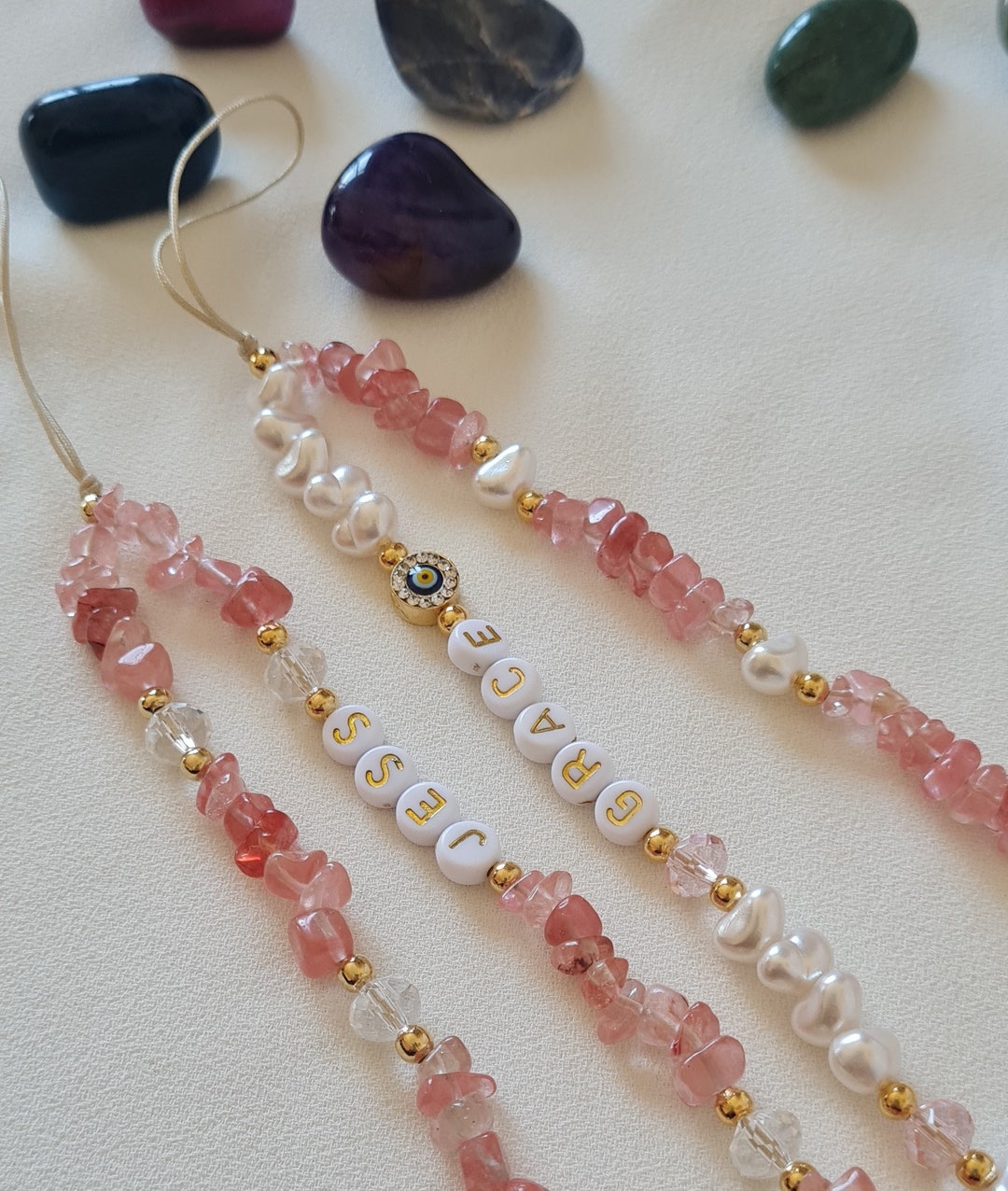 Cherry Quartz Phone Strap,healing Crystal Phone Chain,pearl Beaded ...