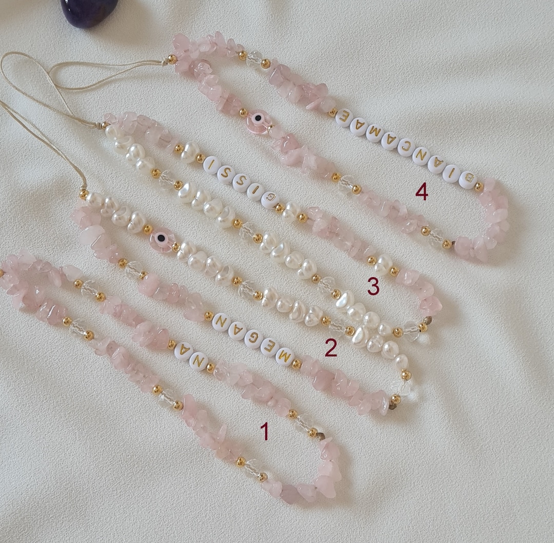 Rose Quartz Phone Strap,healing Crystal Phone Chain,pearl Beaded Phone ...