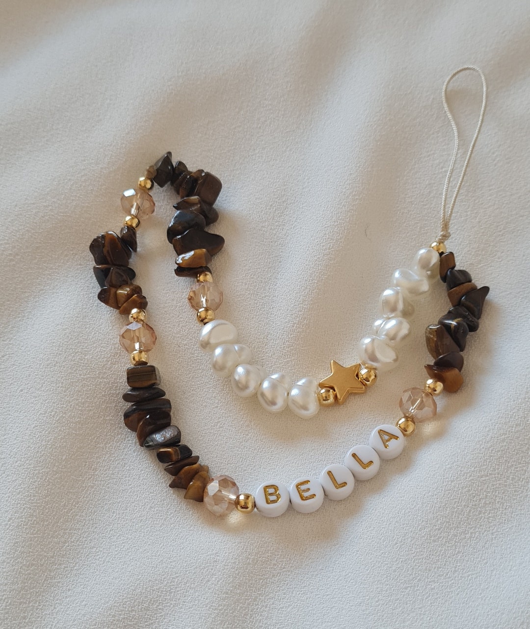 Tigers Eye Phone Strap,healing Crystal Phone Chain,pearl Beaded Phone ...