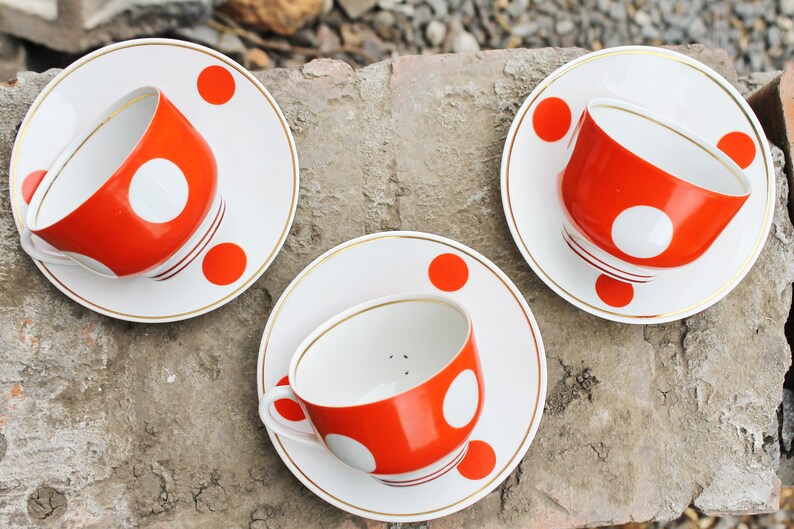 Soviet Polka Dot Vintage Tea-coffee Set of 3, Soviet Porcelain Service, Vintage Porcelain Set ...