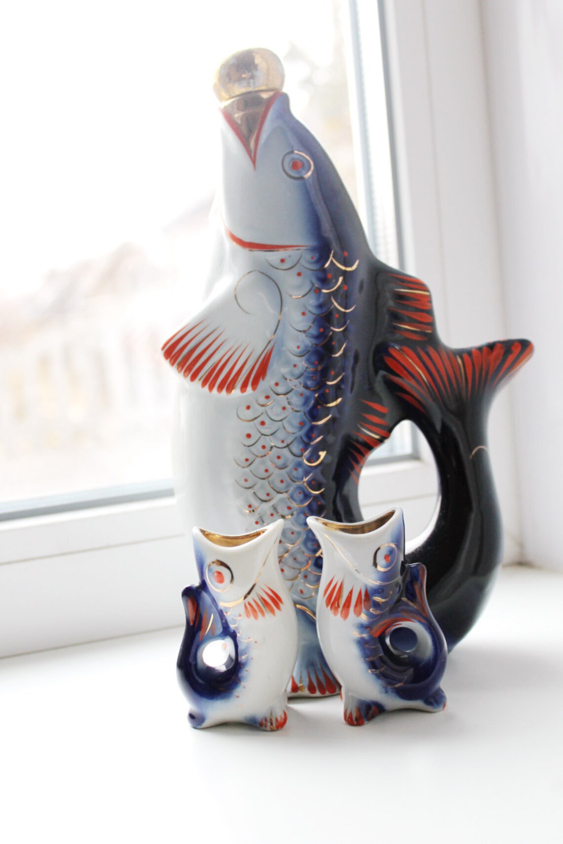 Vintage Ceramic Fish Drinking Set the Family of Carp Blue - Etsy