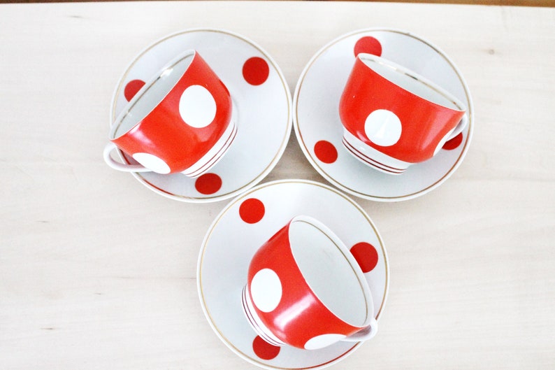 Soviet Polka Dot Vintage Tea-coffee Set of 3, Soviet Porcelain Service, Vintage Porcelain Set ...