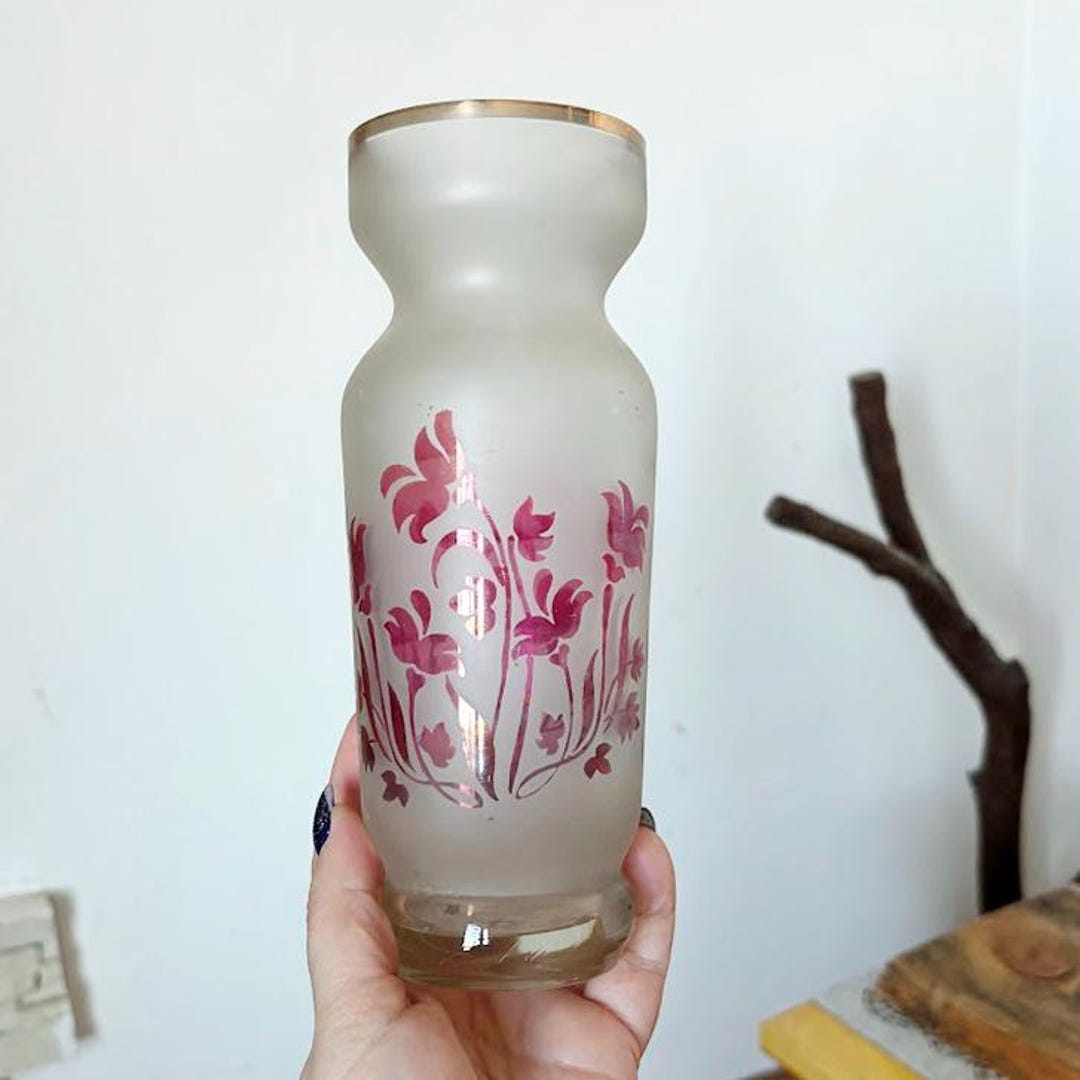 Vintage Frosted Glass Vase With Pink Floral Motif, 1970s–1980s ...