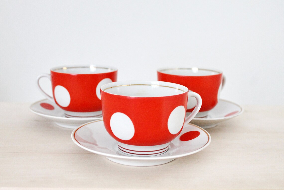 Soviet Polka Dot Vintage Tea-coffee Set of 3, Soviet Porcelain Service, Vintage Porcelain Set ...