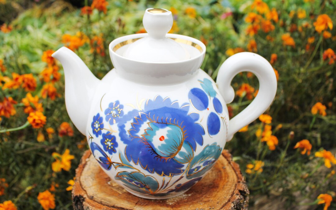 Vintage Big Tea Pot With Blue Flowers Vintage USSR Ceramic - Etsy