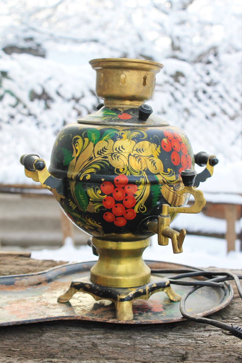 Soviet Vintage Copper Samovar on a Tray - Hand Painted Teapot - Hand ...