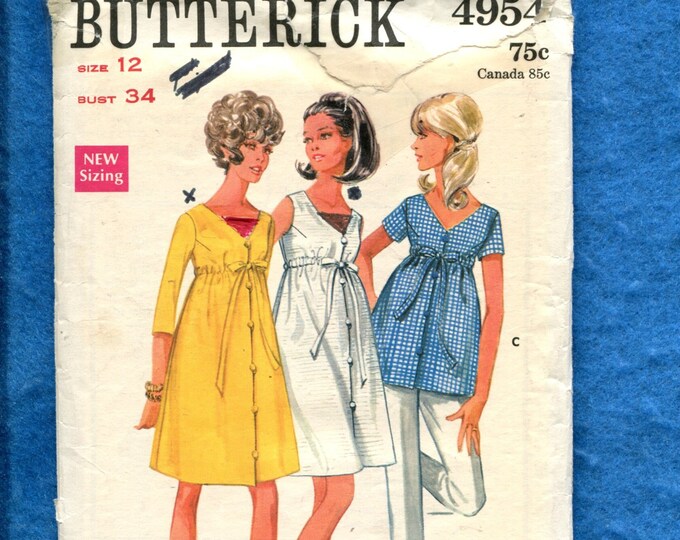 1960's Butterick 4954 Retro Empire Waist Maternity Dress or Smock Top ...