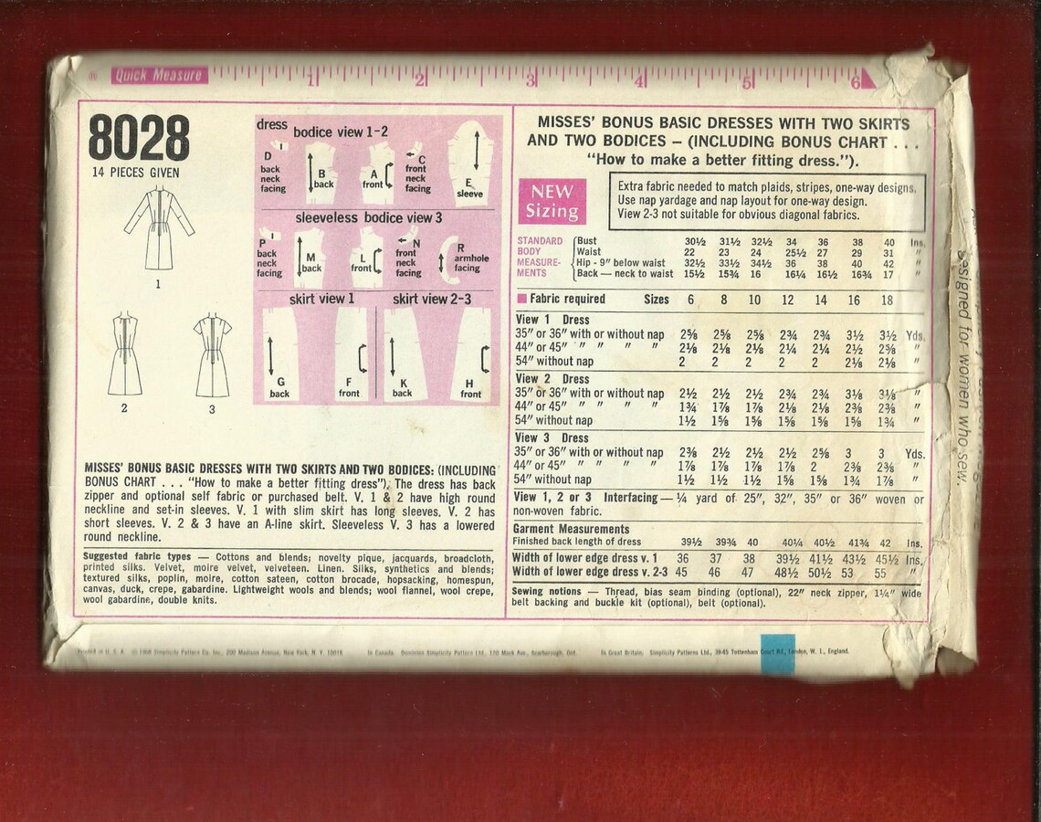 1968 Simplicity 8028 Fitting Shell Pattern for Shirtwaist - Etsy