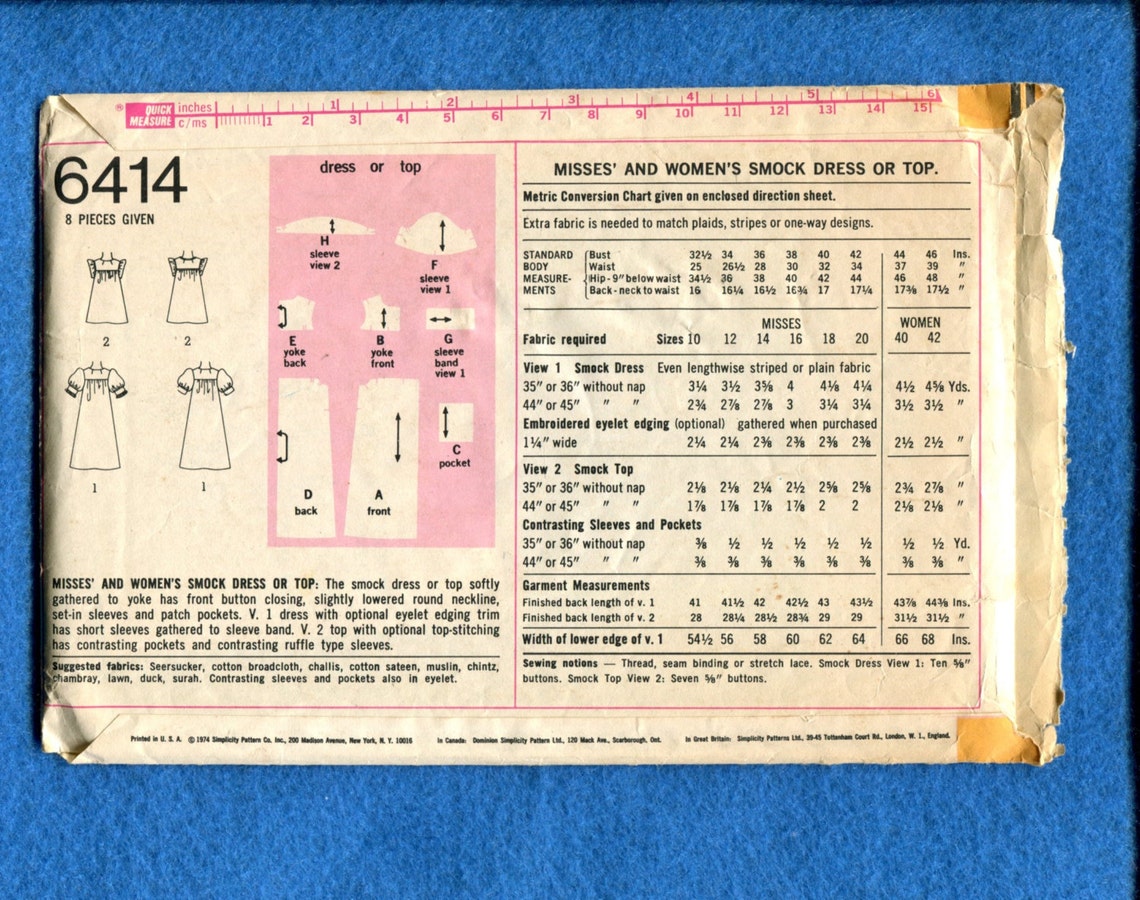 1974 Simplicity 6414 Smock and House Coats With Front Buttons | Etsy