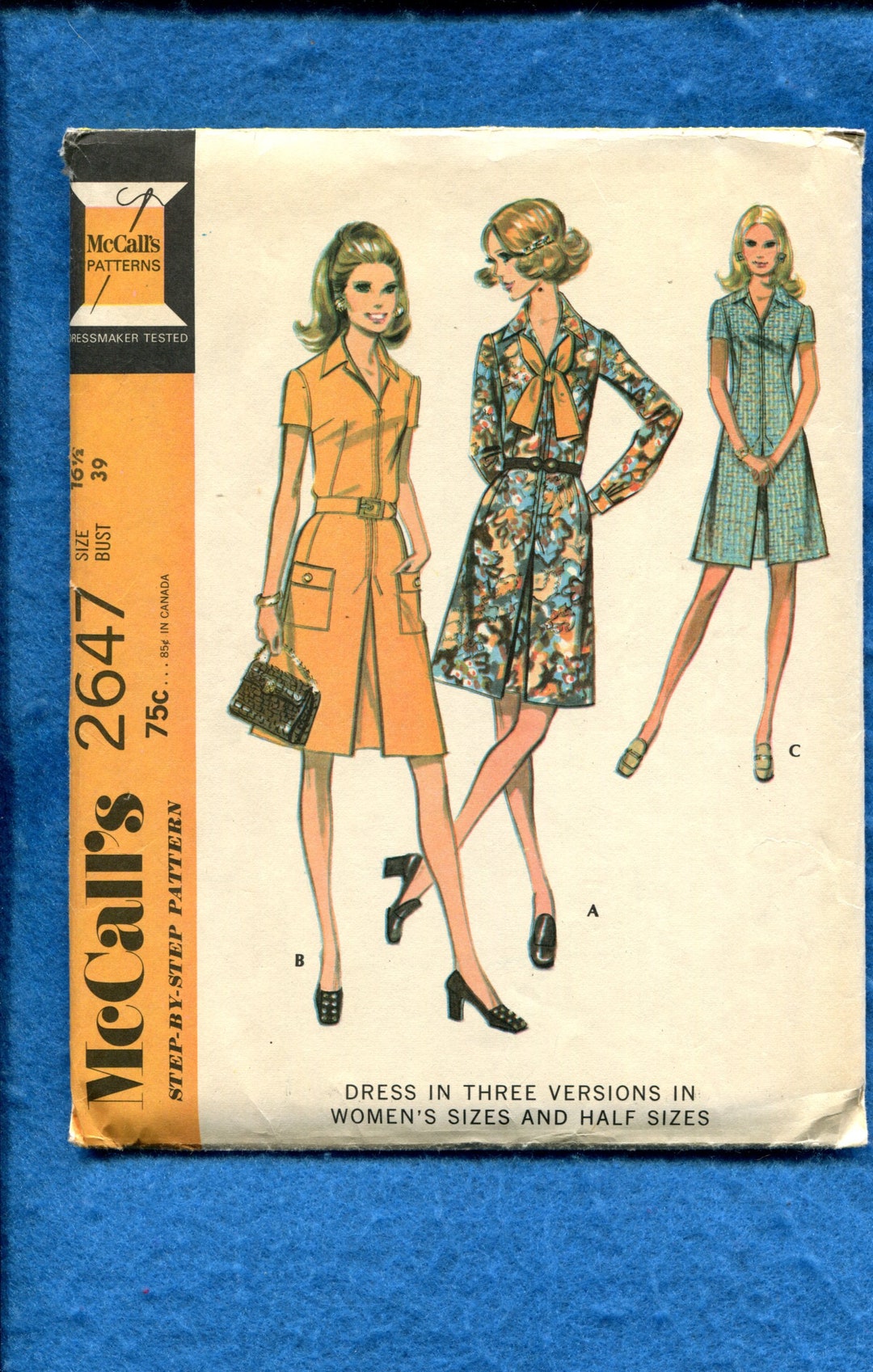 1970's Mccall's 2647 Easy Fitting Zipper Front Dresses Pattern Size 16. ...