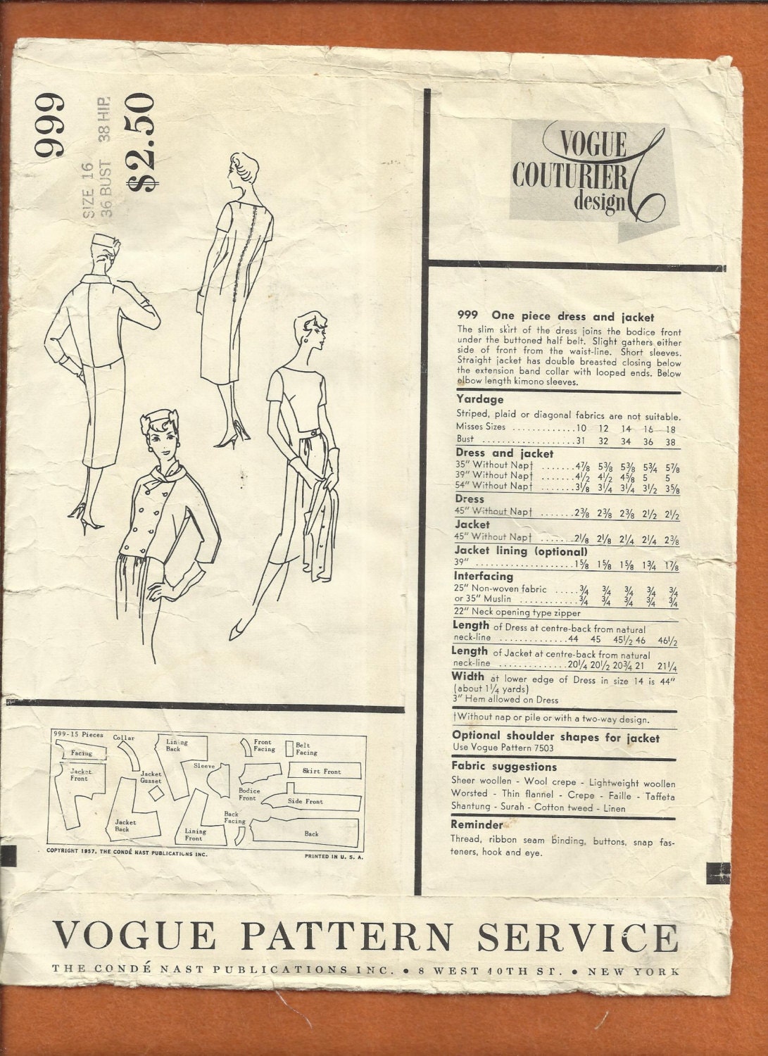 1957 Vogue Couturier 999 Slender Dress With Bateau Neckline & | Etsy